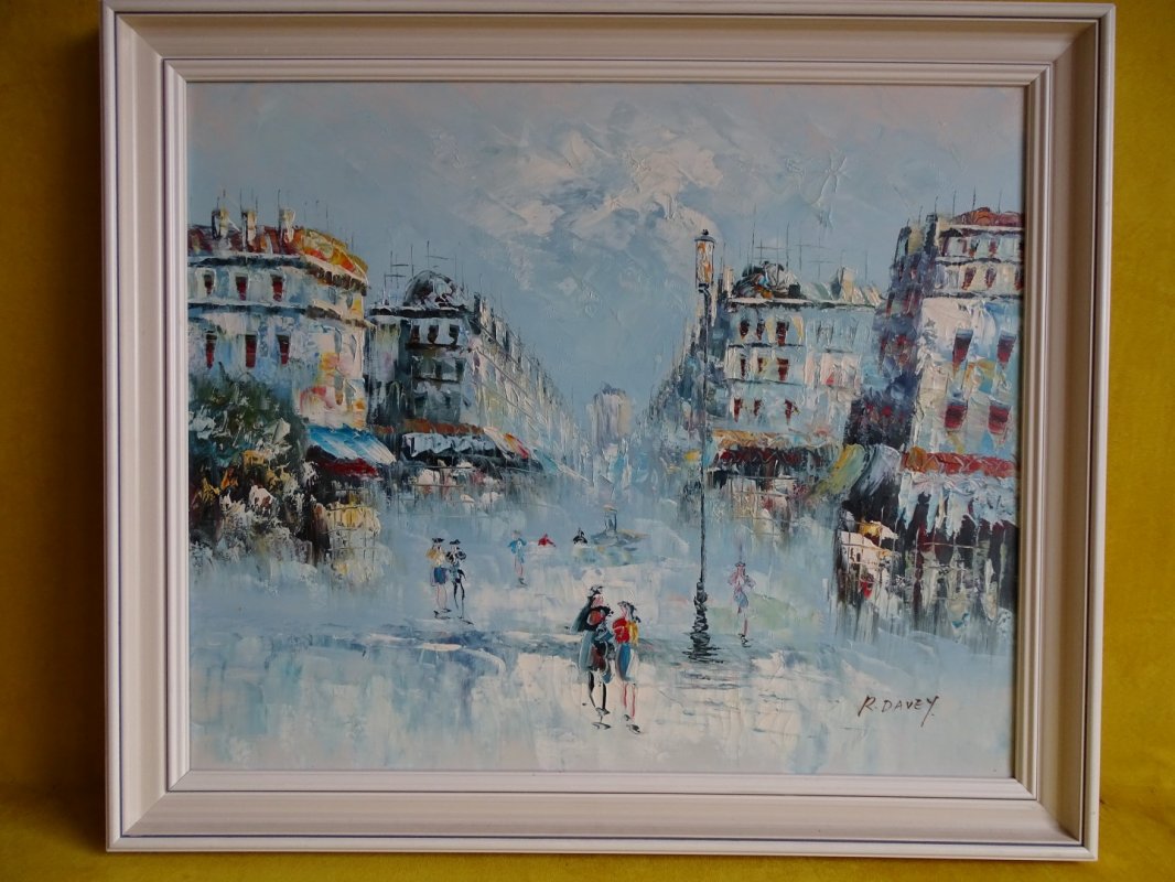 Aangeboden: R. Davey, straatbeeld Parijs, Olie op doek, ingelijst